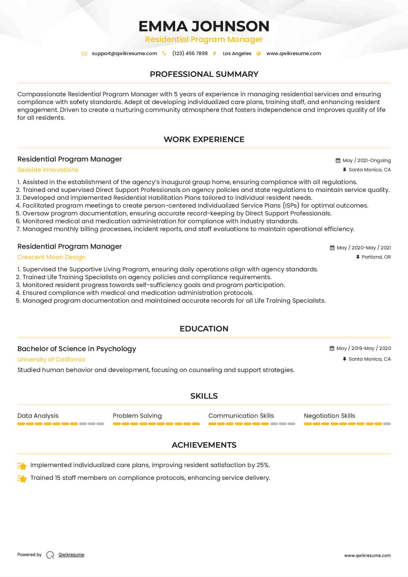 Residential Program Manager Resume Samples QwikResume