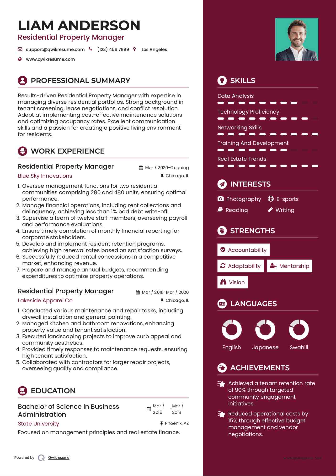 Residential Property Manager Resume Samples QwikResume