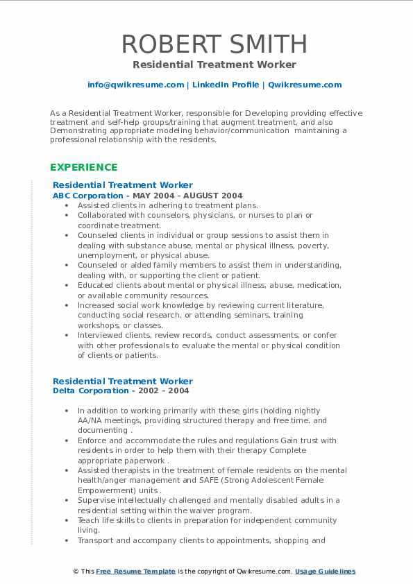 Residential Treatment Worker Resume Samples | QwikResume