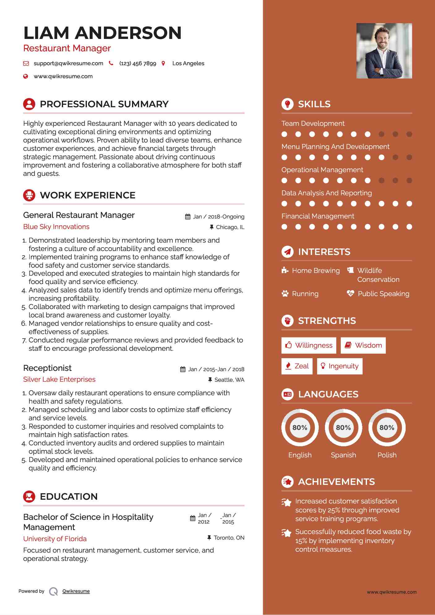 Restaurant Manager Resume Samples QwikResume