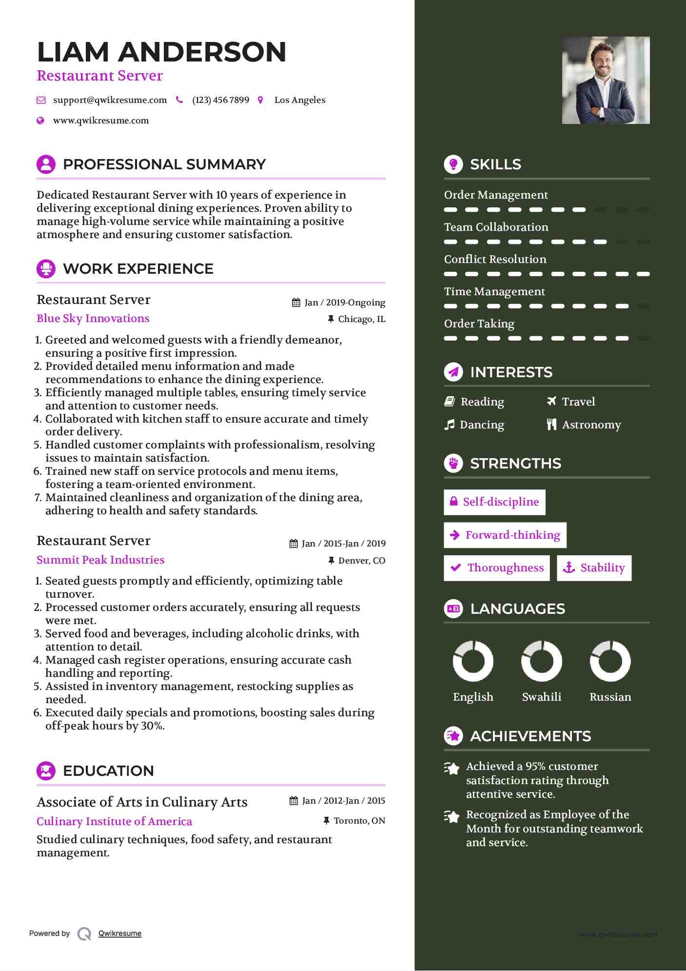Restaurant Server Resume Samples QwikResume