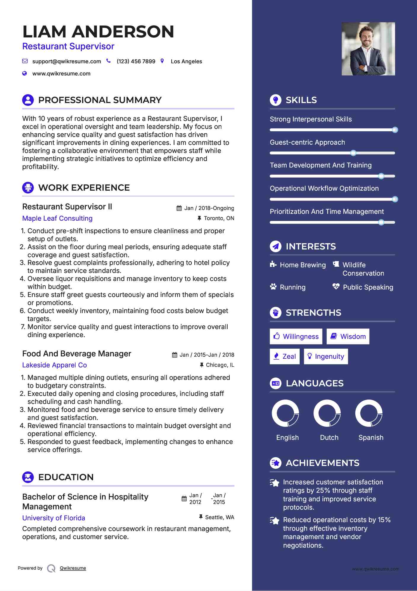 Restaurant Supervisor Resume Samples QwikResume