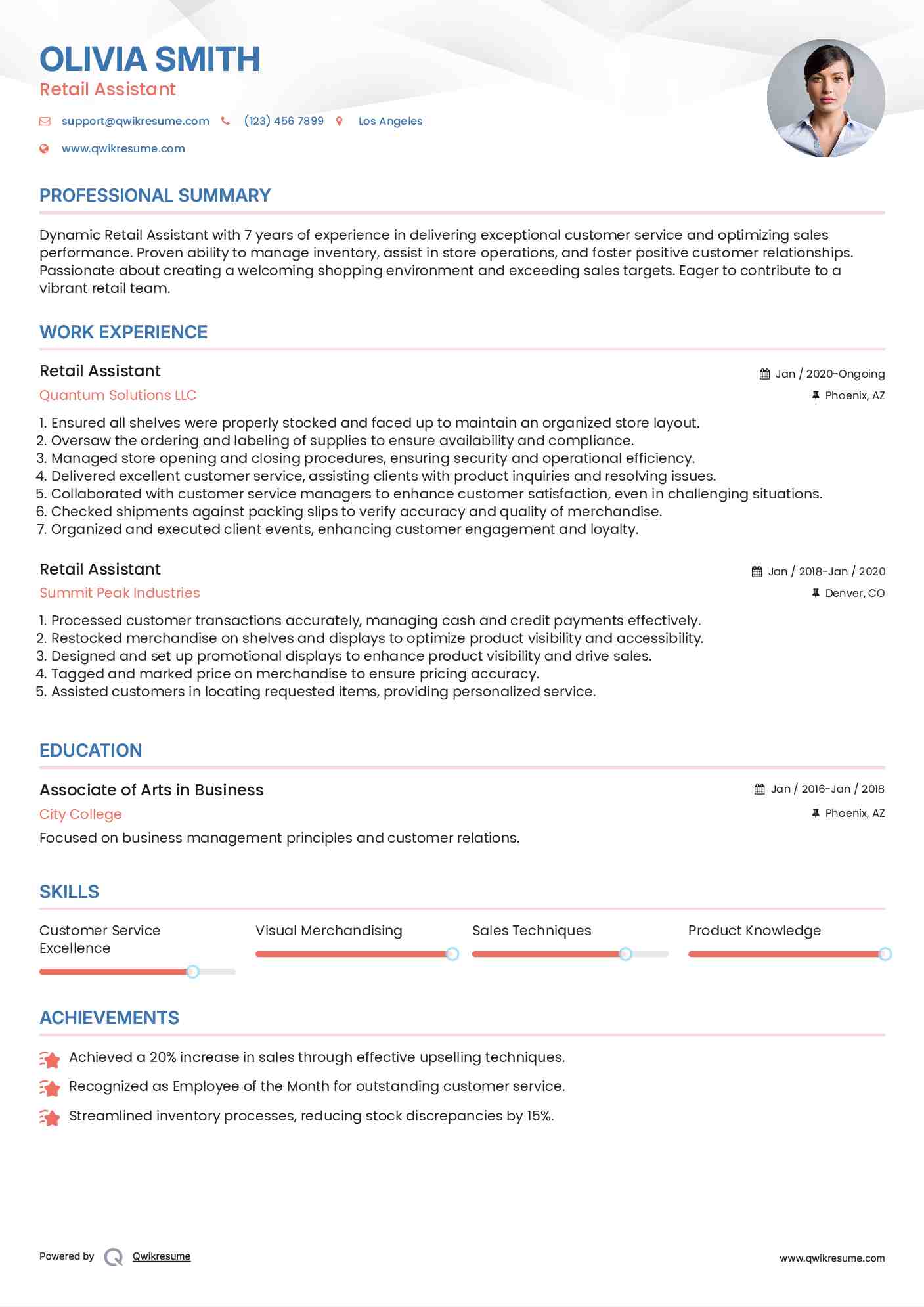 Retail Assistant Resume Samples QwikResume