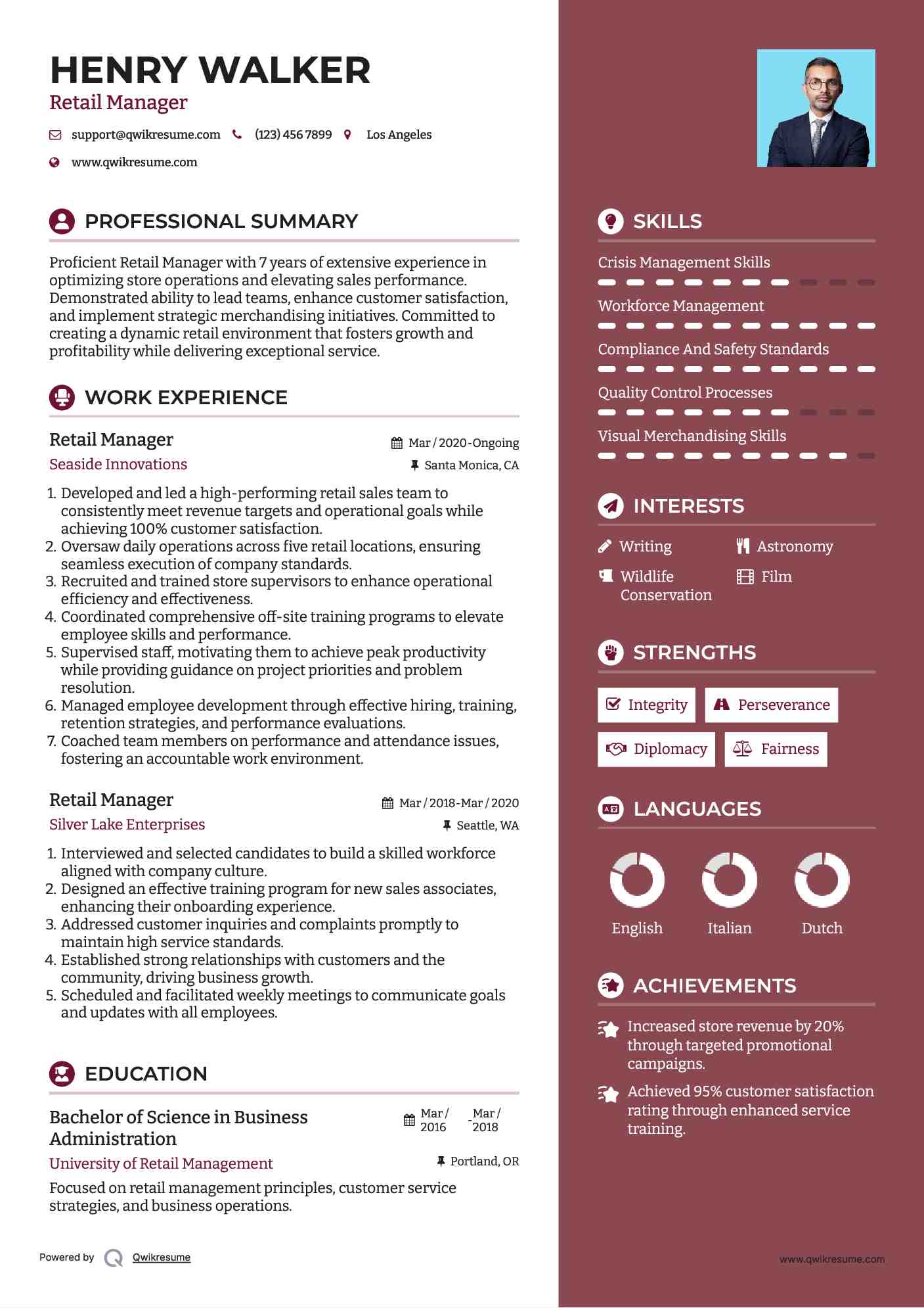 Retail Manager Resume Samples QwikResume