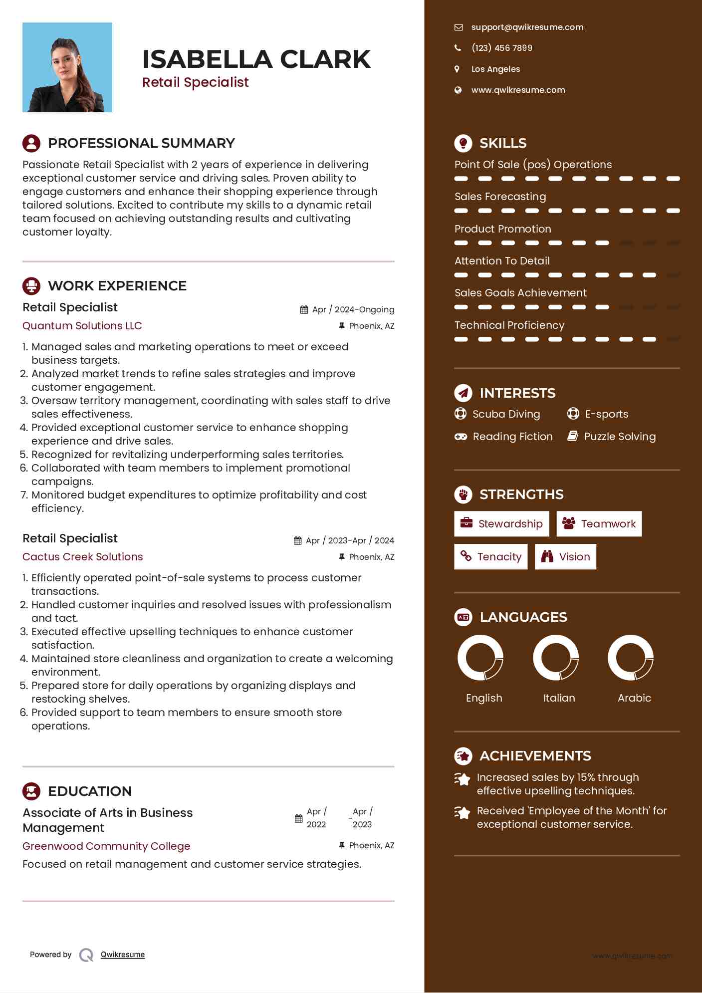 Retail Specialist Resume Samples QwikResume