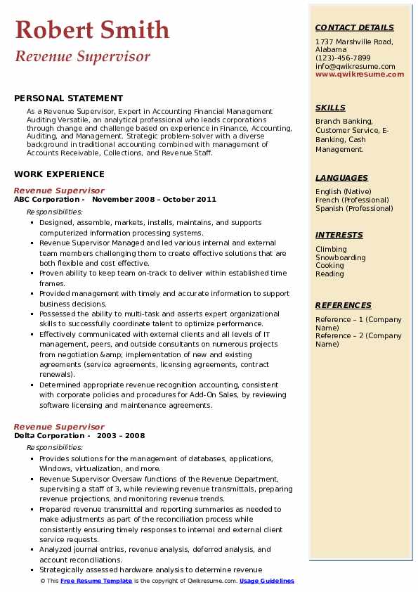 Revenue Supervisor Resume Samples | QwikResume