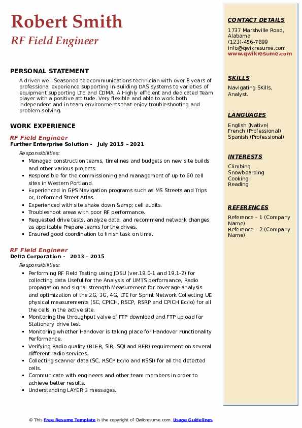 RF Field Engineer Resume Samples | QwikResume