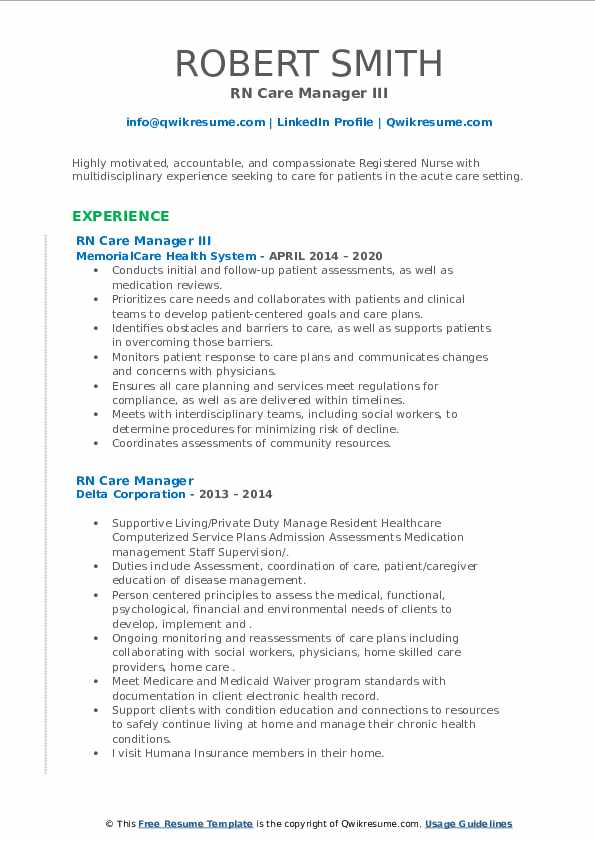 RN Care Manager Resume Samples QwikResume