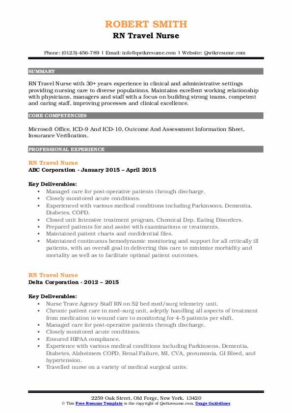RN Travel Nurse Resume Samples | QwikResume