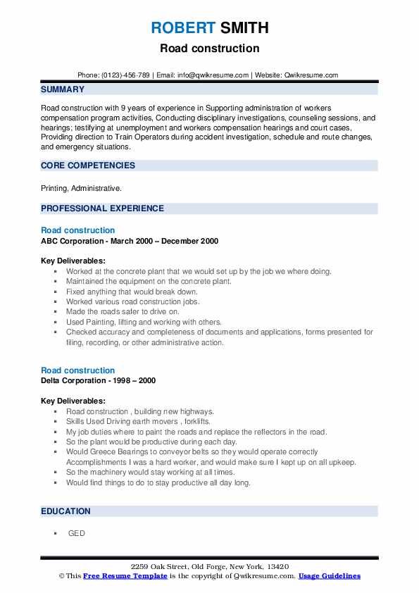 Road construction Resume Samples | QwikResume