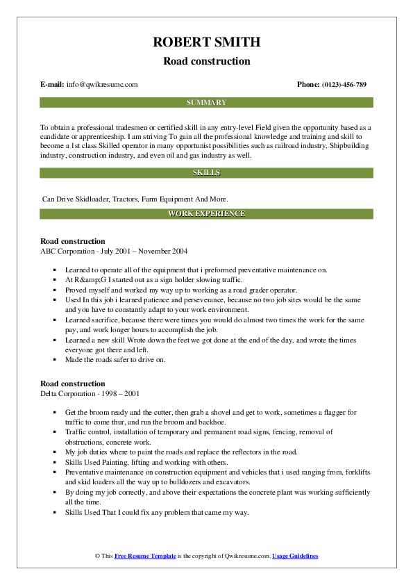 Road construction Resume Samples | QwikResume