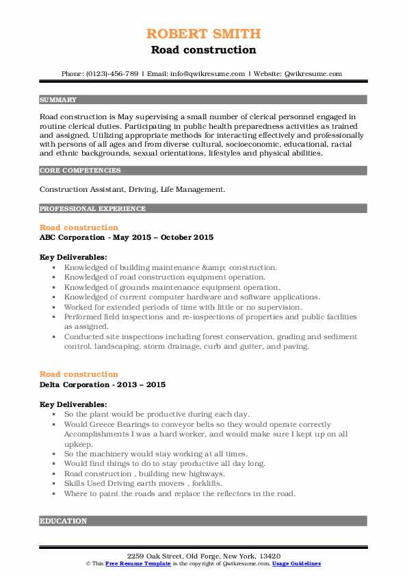 Road construction Resume Samples | QwikResume