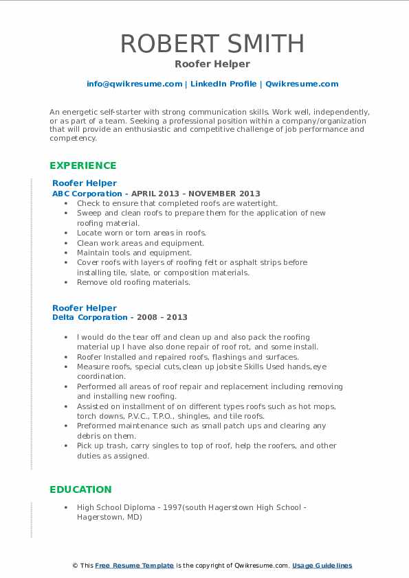 Roofer Helper Resume Samples | QwikResume