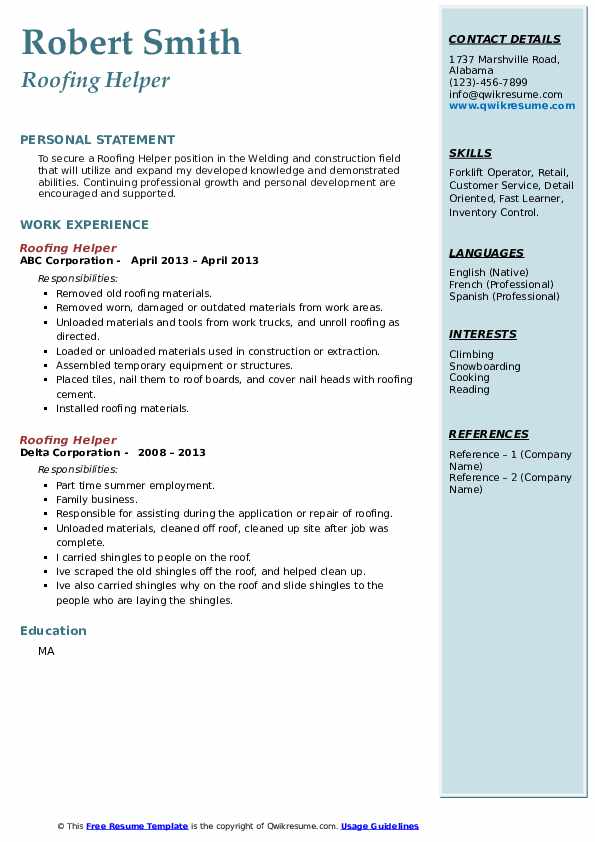 Roofing Helper Resume Samples | QwikResume