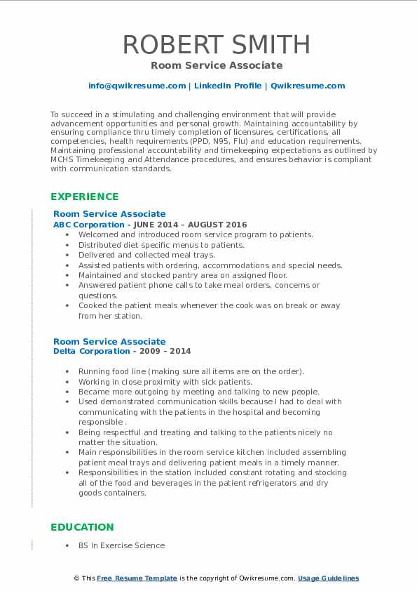 Room Service Associate Resume Samples | QwikResume