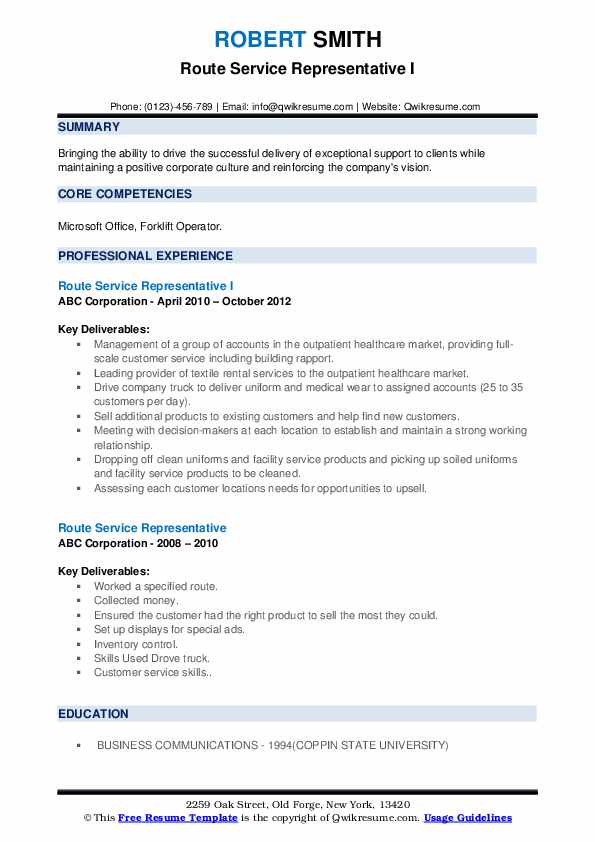 Route Service Representative Resume Samples | QwikResume