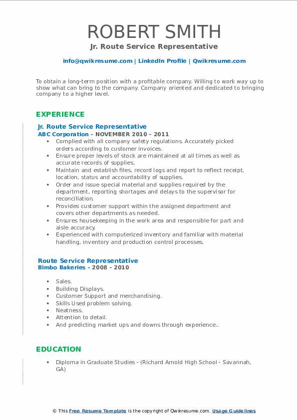 Route Service Representative Resume Samples | QwikResume