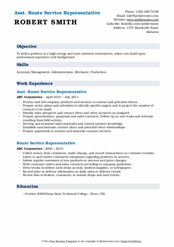 Route Service Representative Resume Samples | QwikResume