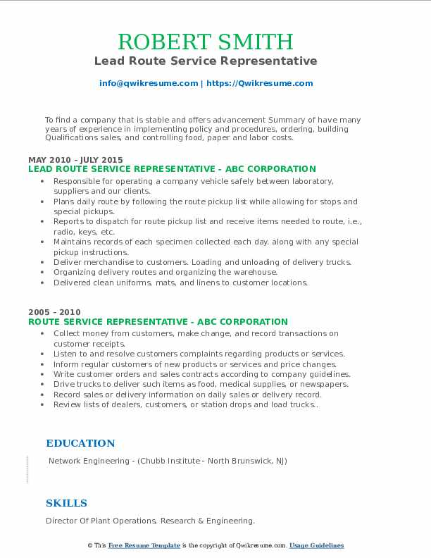 Route Service Representative Resume Samples | QwikResume