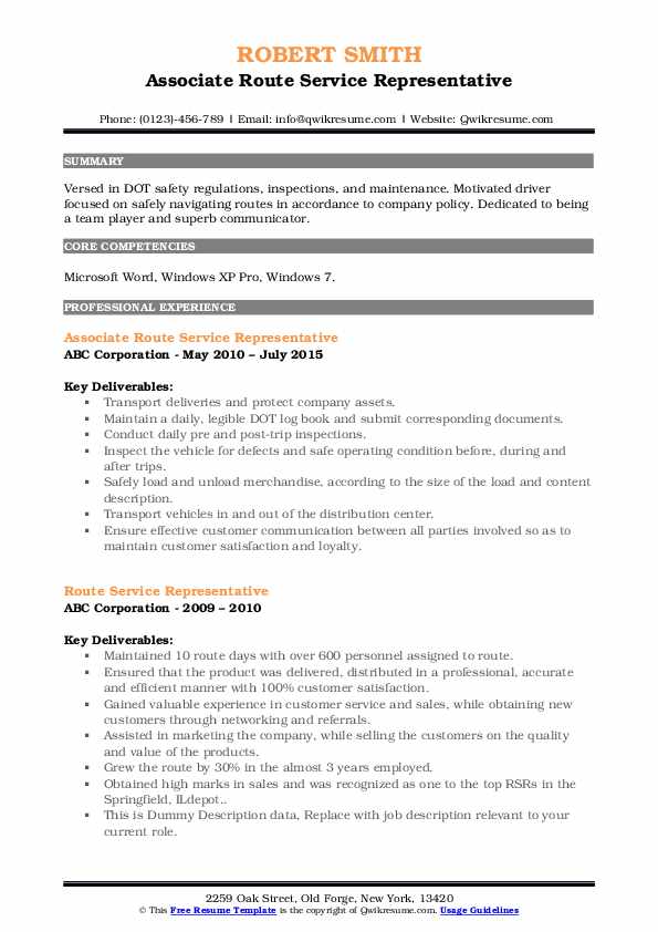Route Service Representative Resume Samples | QwikResume
