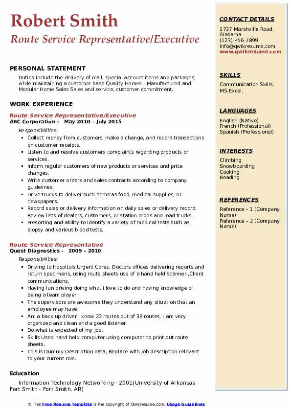 Route Service Representative Resume Samples | QwikResume