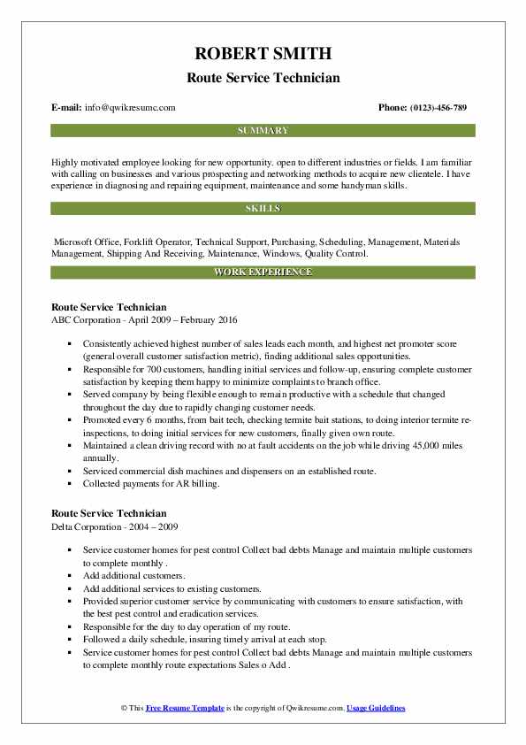 Route Service Technician Resume Samples | QwikResume
