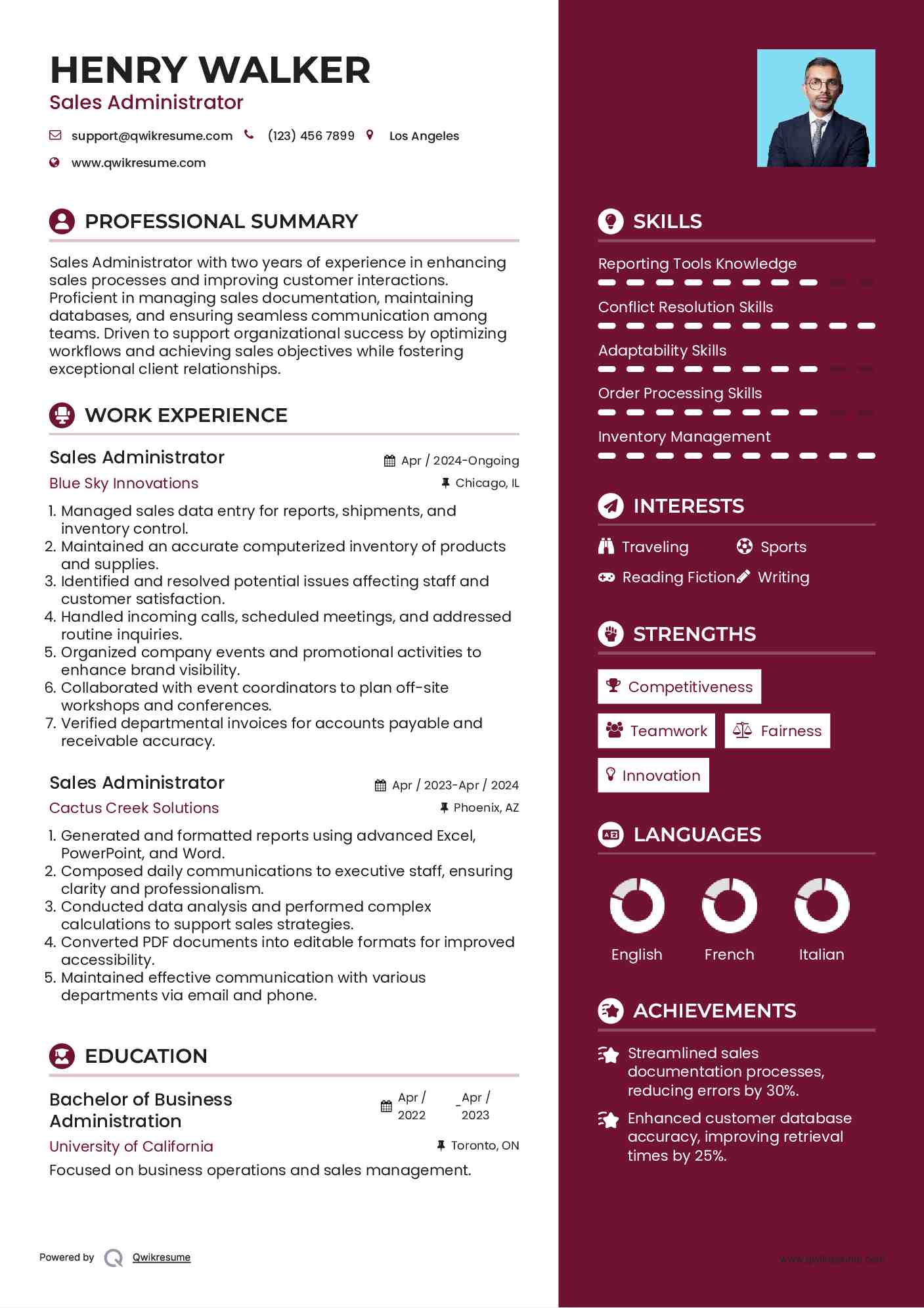 Sales Administrator Resume Samples QwikResume