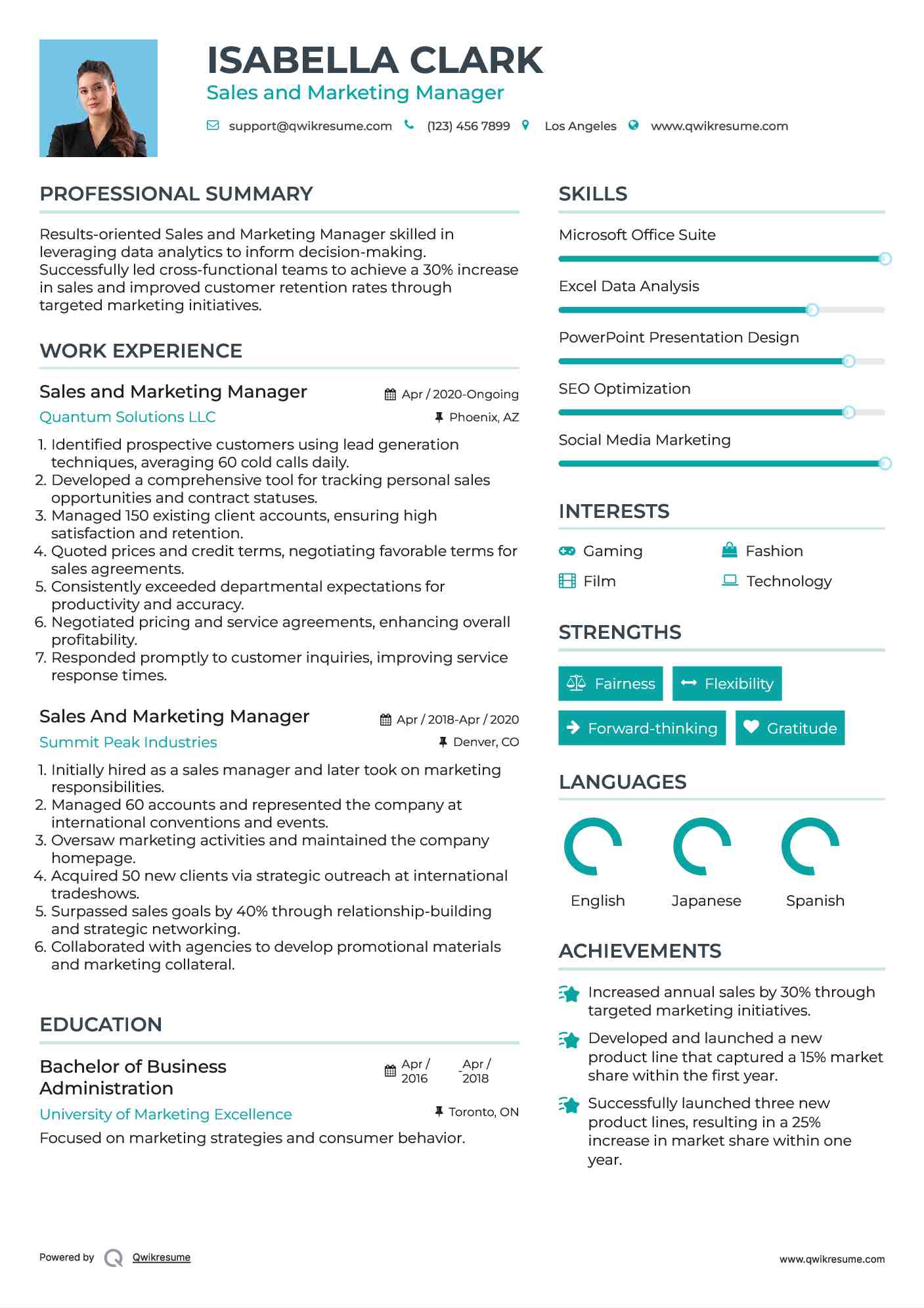 Sales And Marketing Manager Resume Samples QwikResume