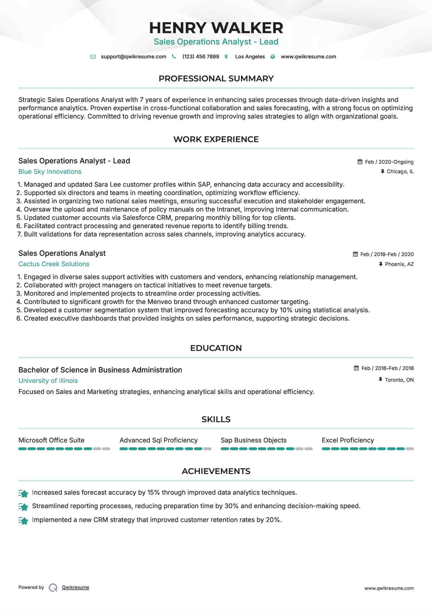 Sales Operations Analyst Resume Samples QwikResume
