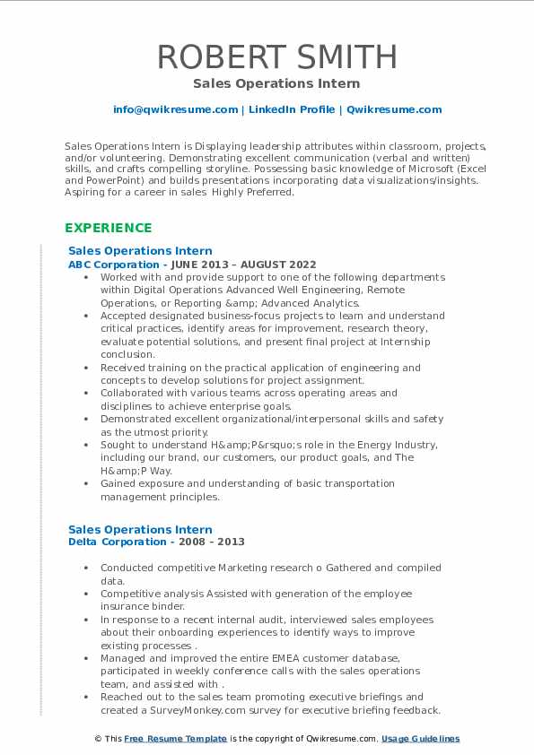 Sales Operations Intern Resume Samples | QwikResume