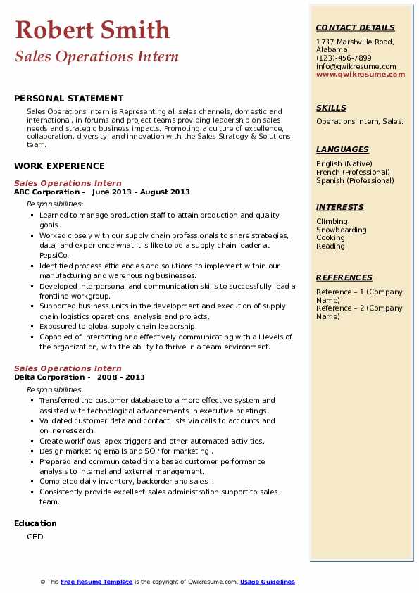 Sales Operations Intern Resume Samples | QwikResume