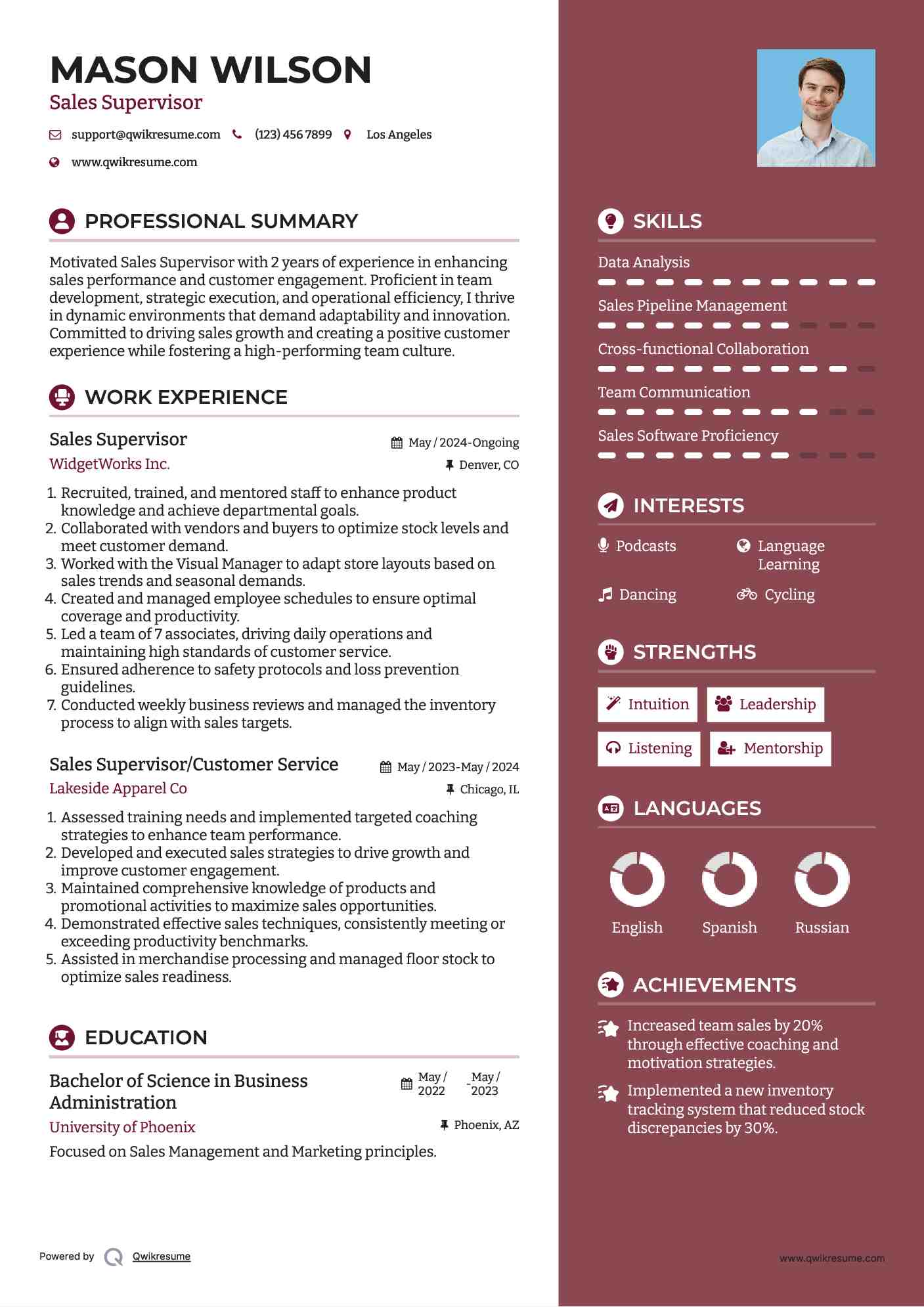Sales Supervisor Resume Samples QwikResume