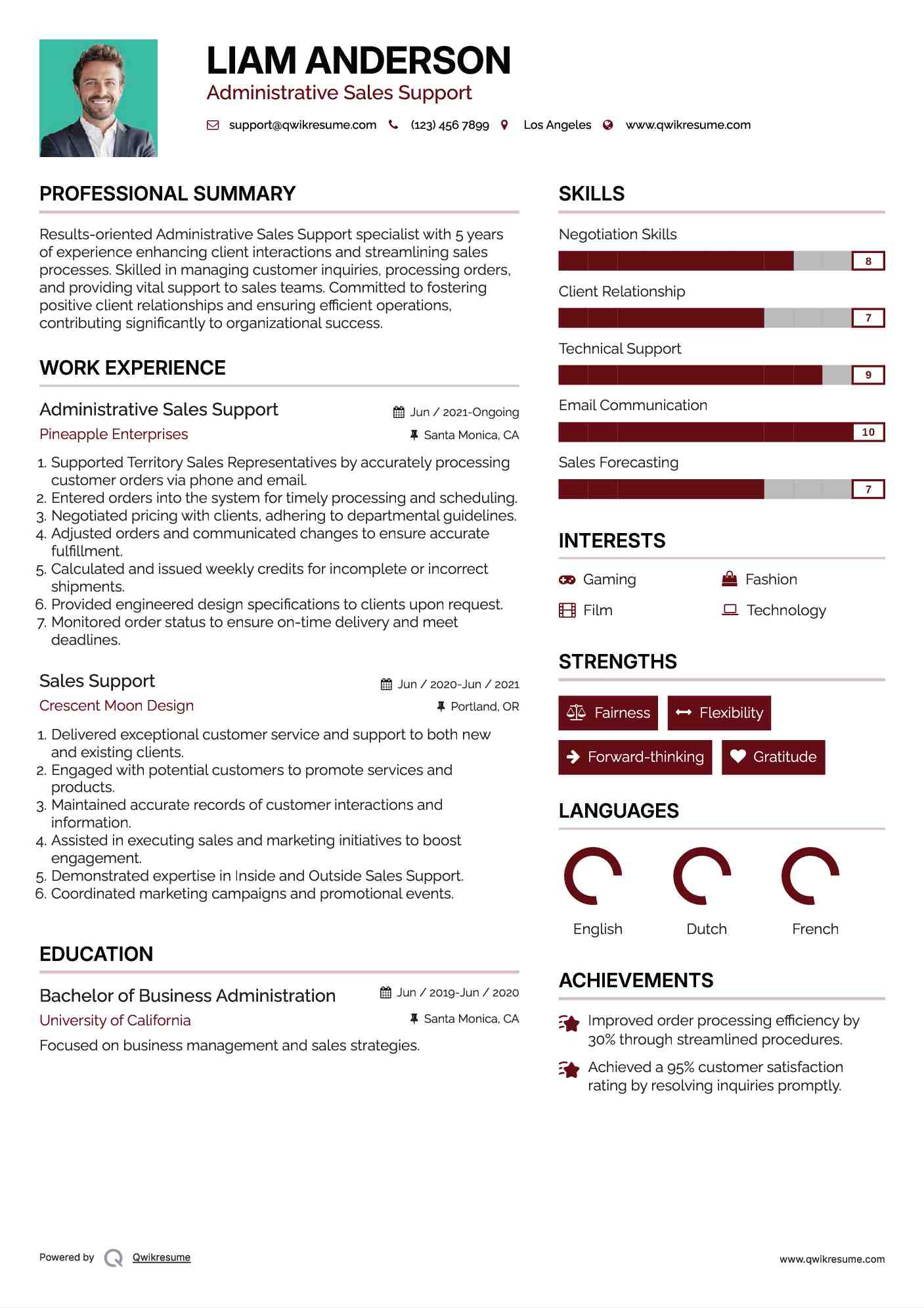 Sales Support Resume Samples QwikResume