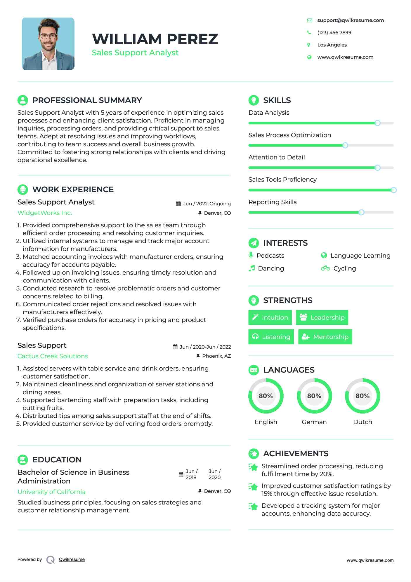 Sales Support Resume Samples QwikResume