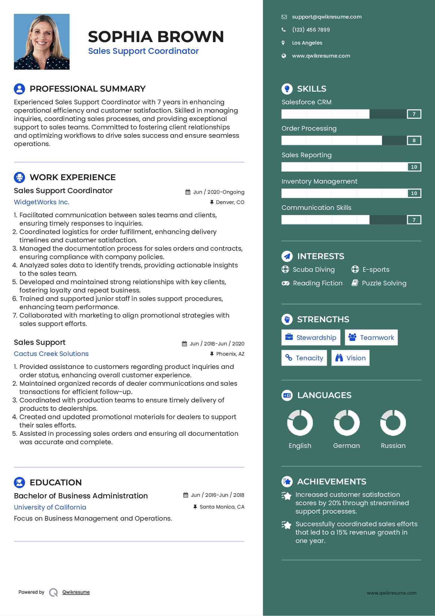 Sales Support Resume Samples QwikResume