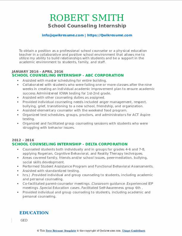 School Counseling Internship Resume Samples | QwikResume