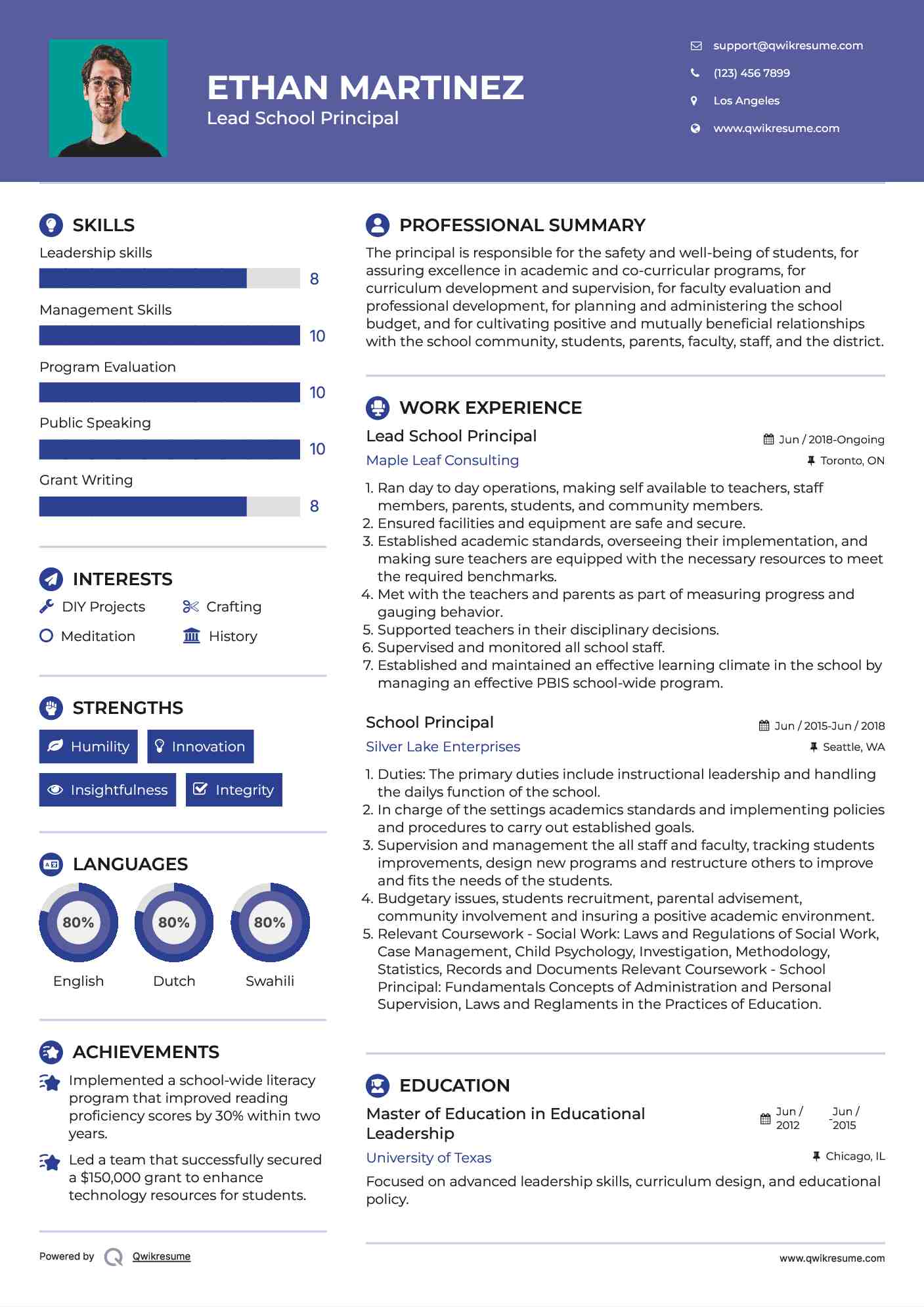 School Principal Resume Samples QwikResume