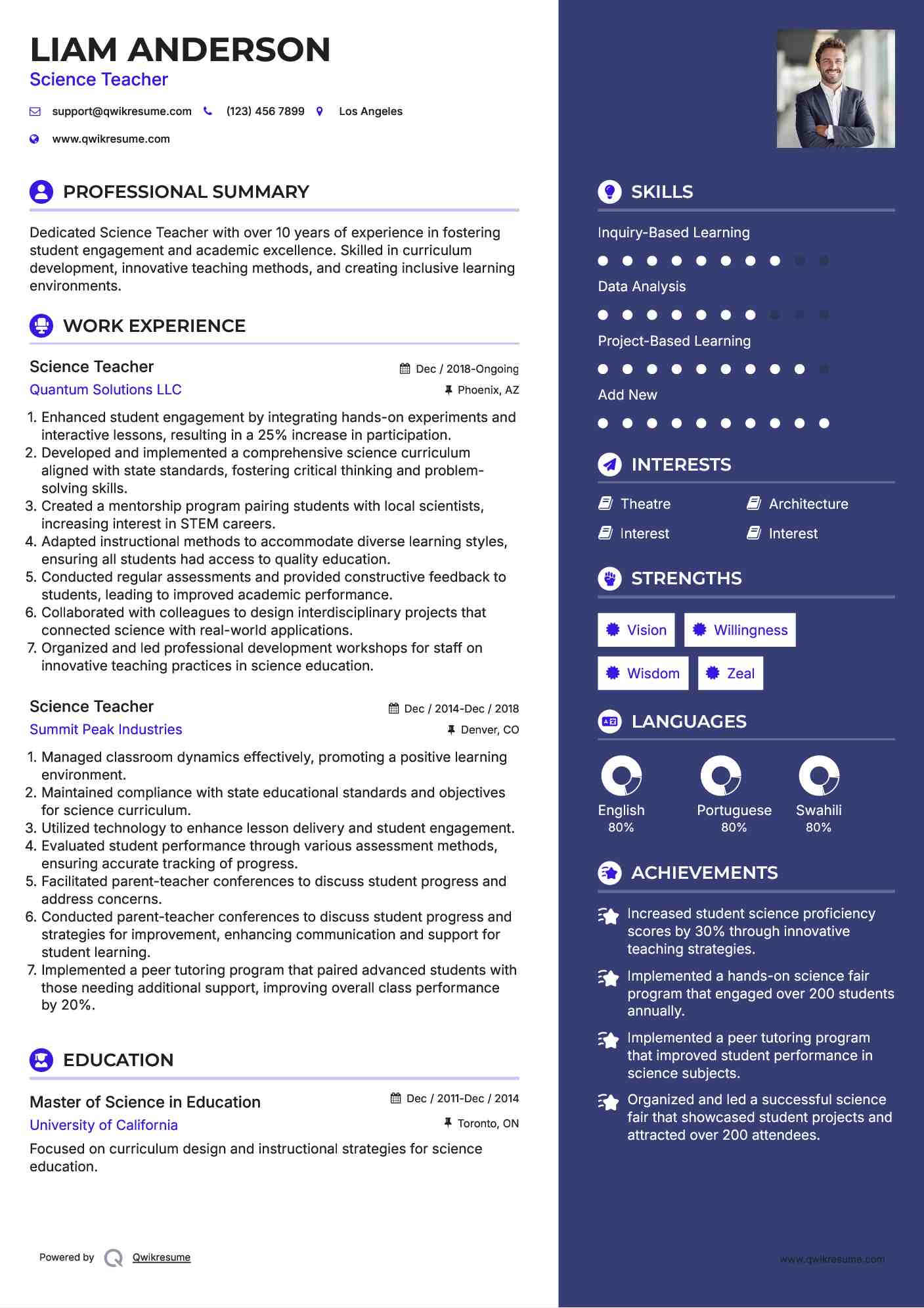 Science Teacher Resume Samples QwikResume