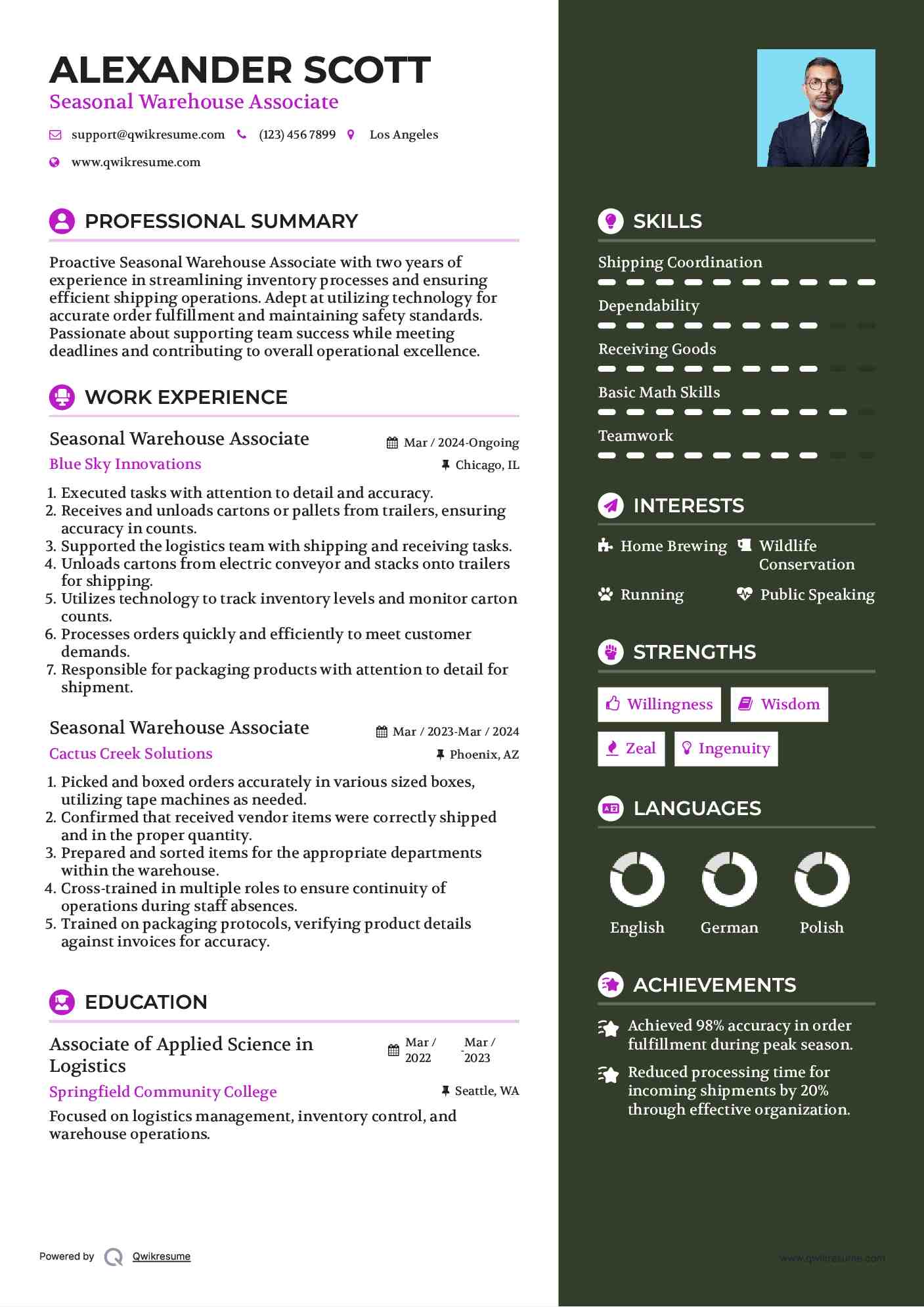 Seasonal Warehouse Associate Resume Samples QwikResume