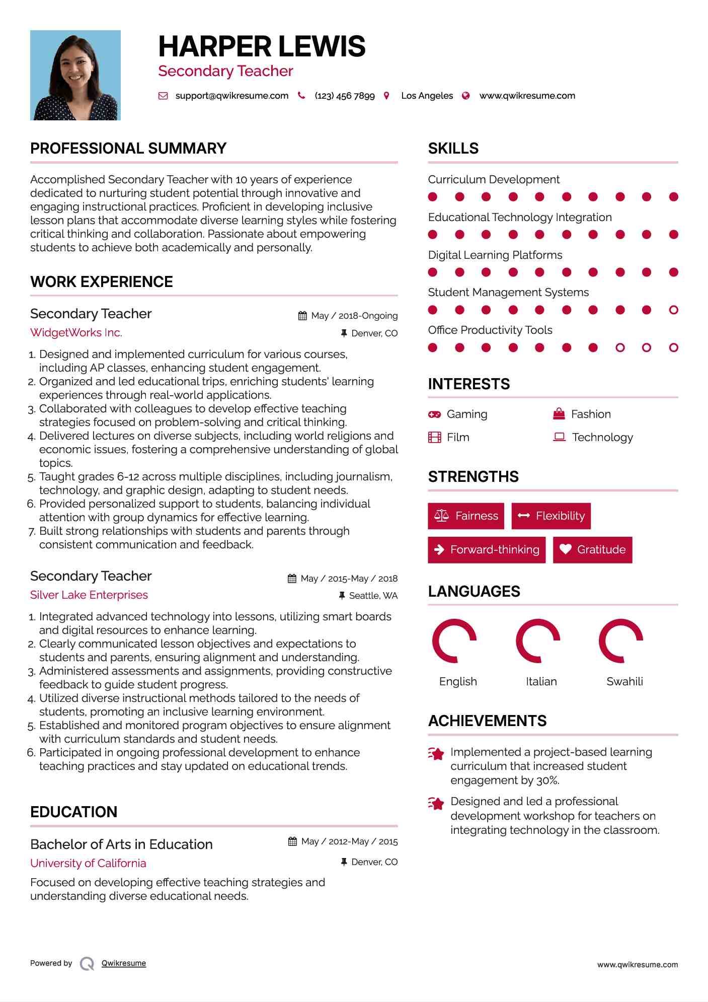 Secondary Teacher Resume Samples QwikResume