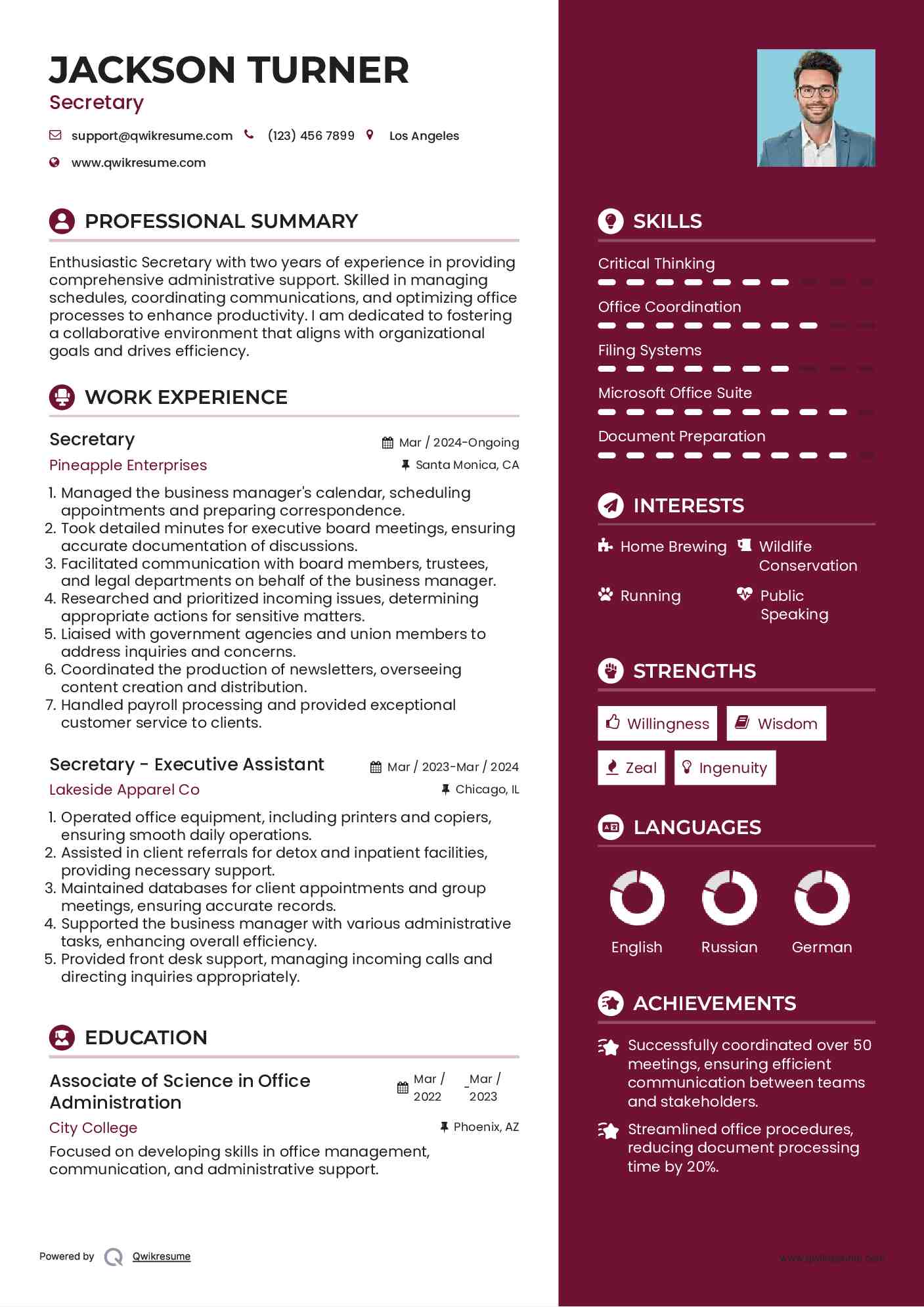 Secretary Resume Samples QwikResume