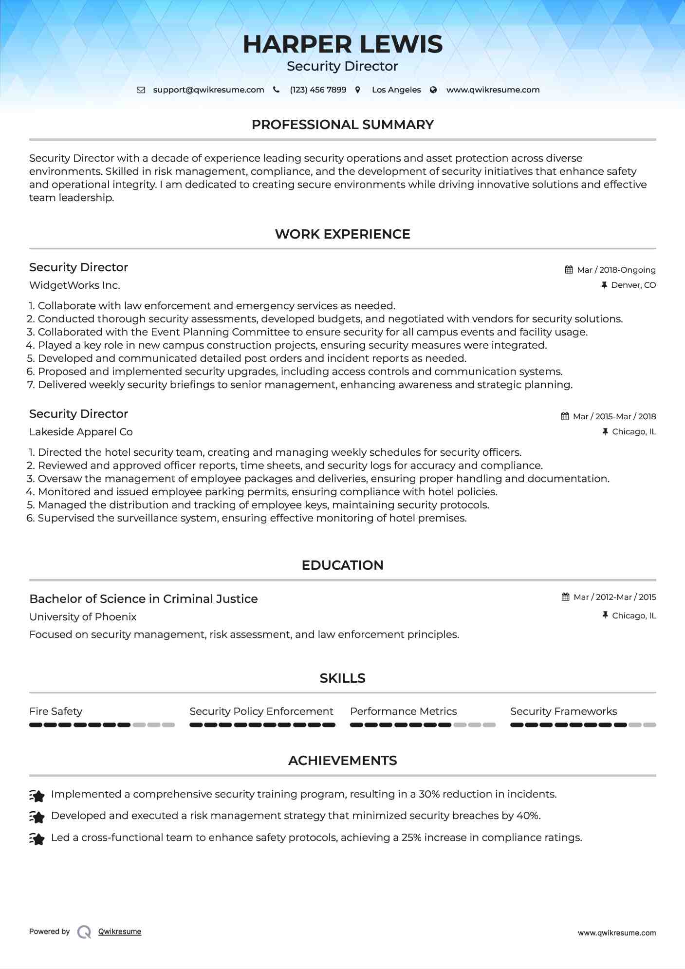 Security Director Resume Samples | QwikResume