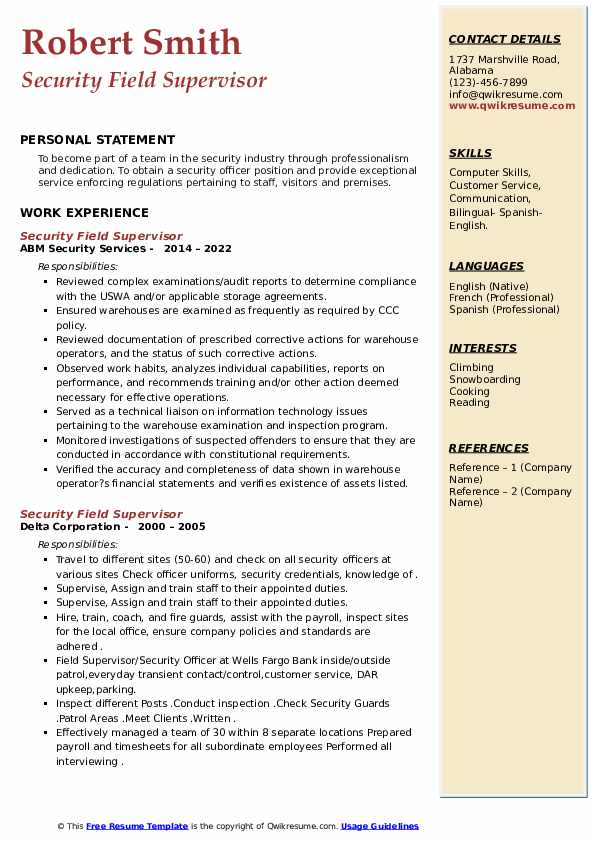 Security Field Supervisor Resume Samples | QwikResume