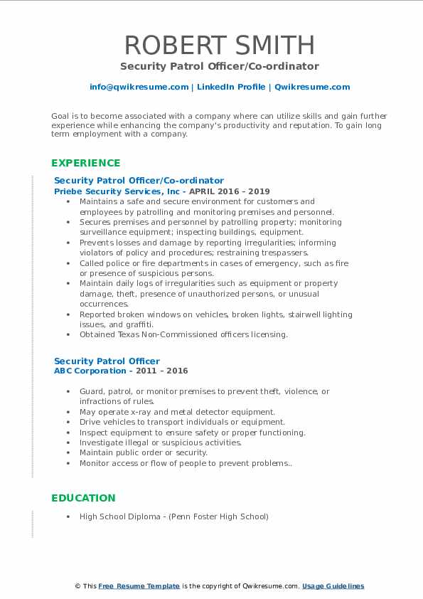 Security Patrol Officer Resume Samples | QwikResume