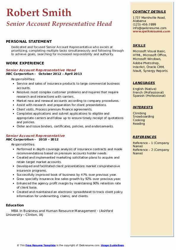 Senior Account Representative Resume Samples | QwikResume