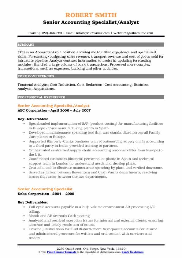 Senior Accounting Specialist Resume Samples | QwikResume