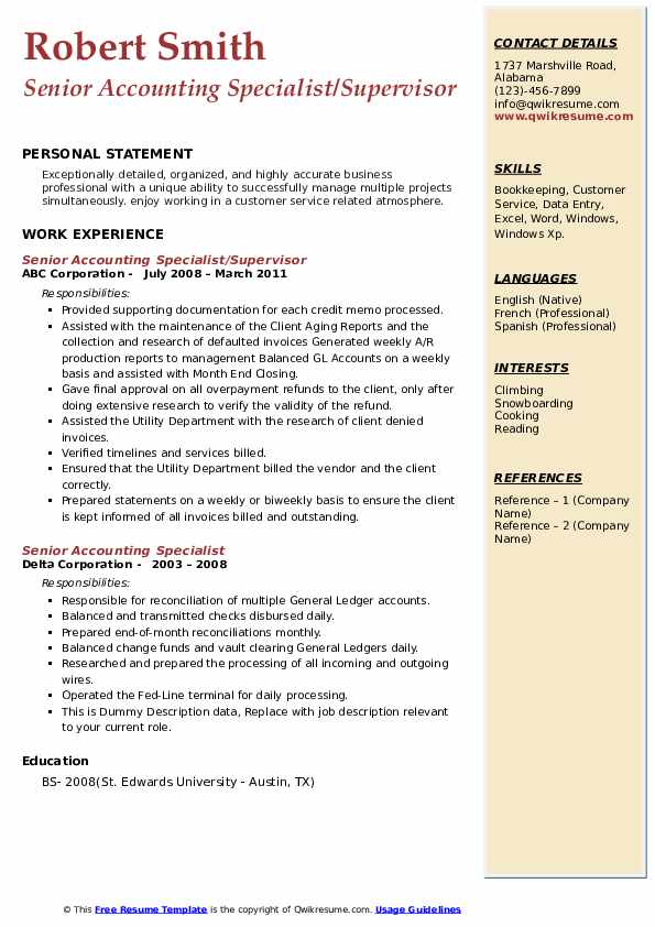 Senior Accounting Specialist Resume Samples | QwikResume