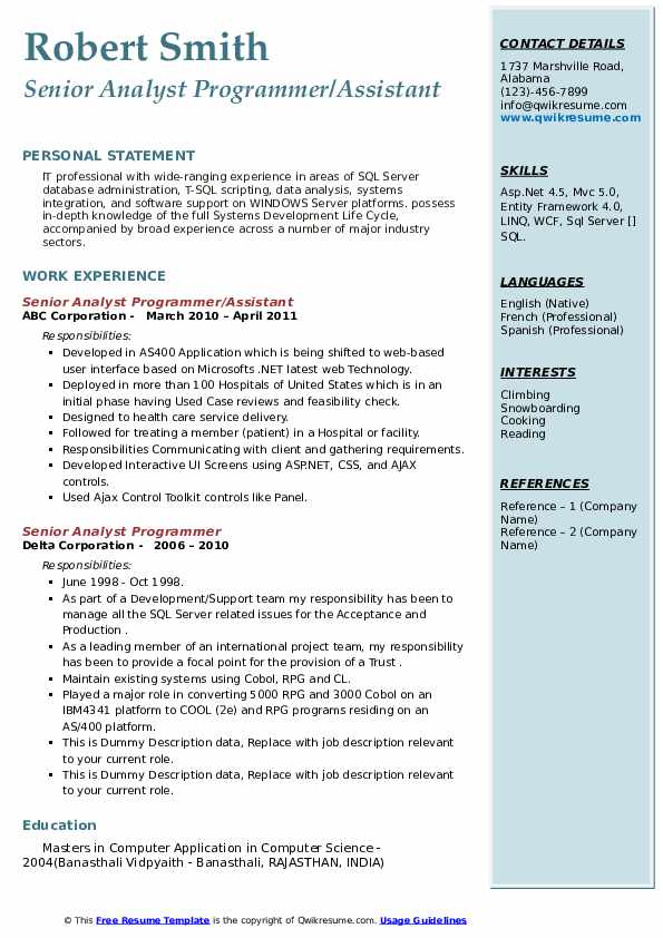 Senior Analyst Programmer Resume Samples | QwikResume