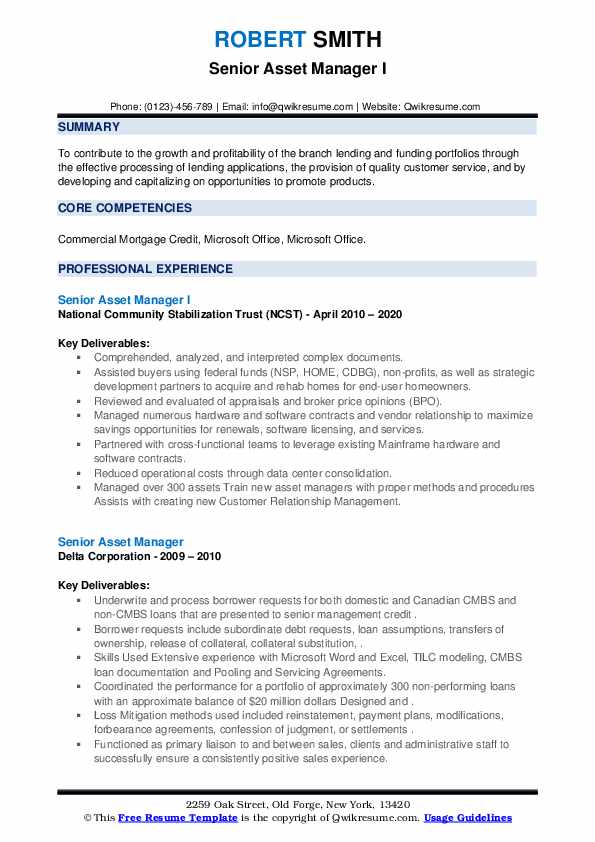 Senior Asset Manager Resume Samples QwikResume