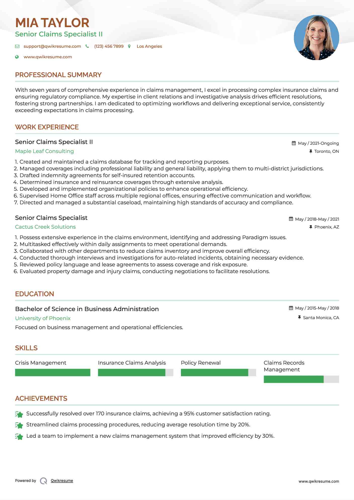 Senior Claims Specialist Resume Samples Qwikresume